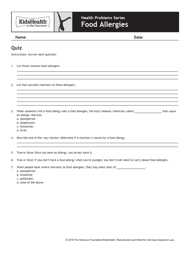 Food Allergy Quiz for Students | PDF