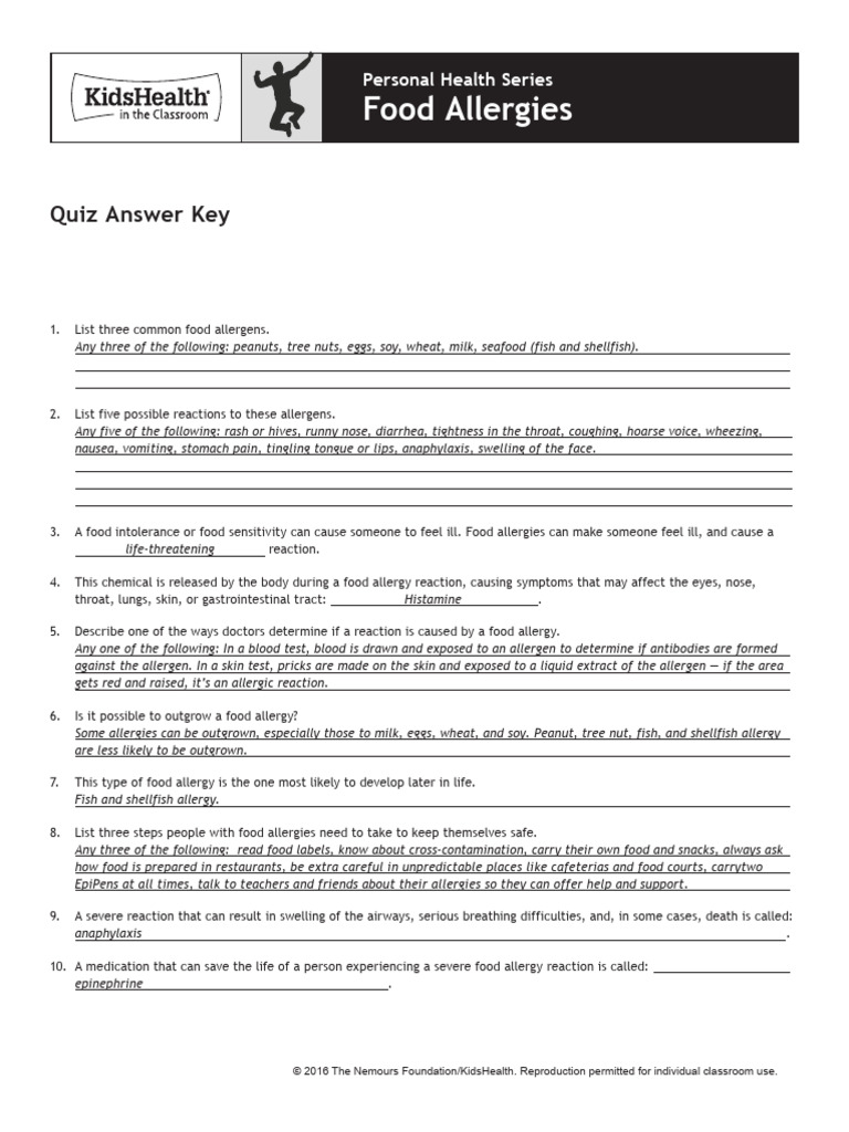 Food Allergies Quiz Answers | PDF