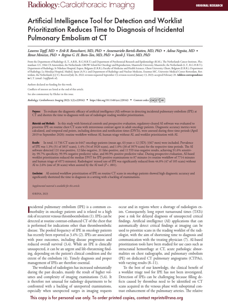 Topff Et Al 2023 Artificial Intelligence Tool For Detection and Worklist Prioritization Reduces ...