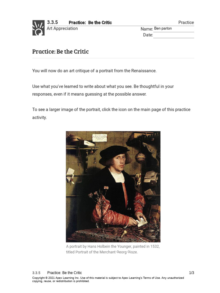 Edited - Edited - 3.3.5 Practice - Practice Be The Critic (Practice) | PDF | Paintings | The Arts