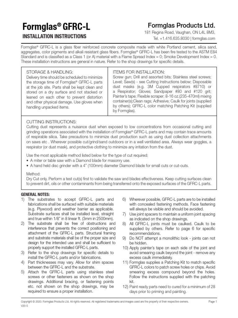 Formglas GFRC-L Installation Instructions | PDF | Column | Screw