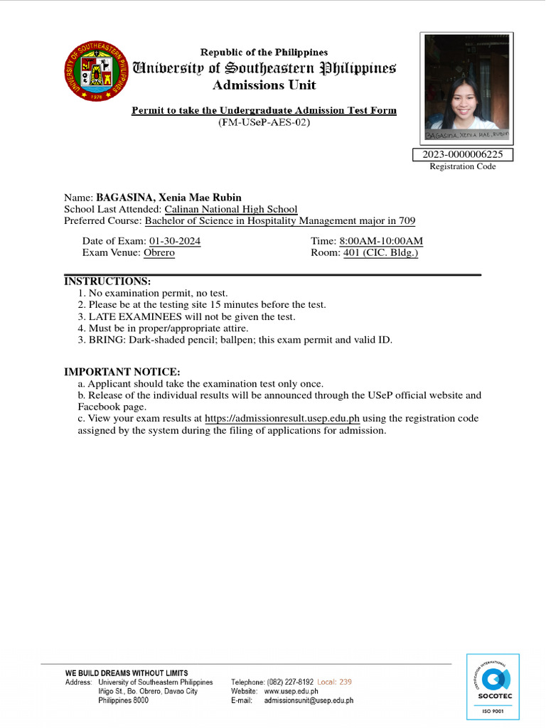 USeP Entrance Exam Permit Details | PDF
