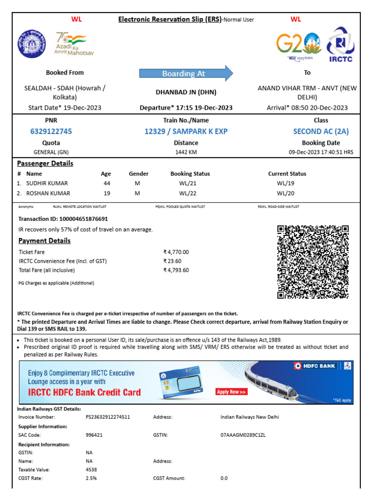 Sampark K Exp Second Ac (2A) : WL WL | PDF | Identity Document