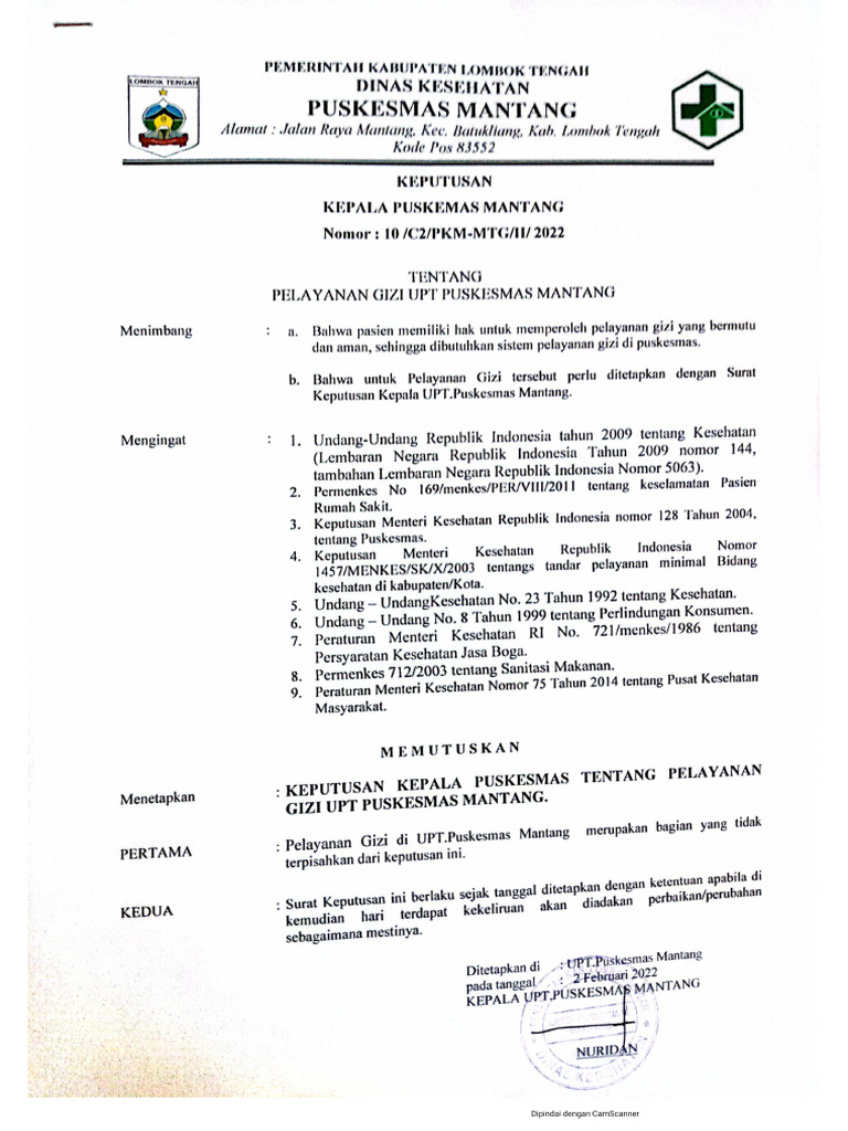 SK Pelayanan Gizi | PDF