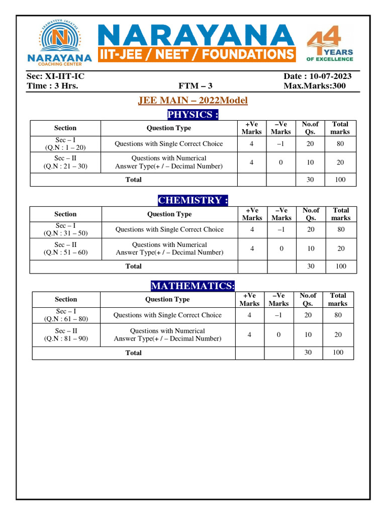 FTM - 3 - Xi-Ic - Iit - 10 - 07 - 2023 - QP | PDF | Mole (Unit) | Chemistry