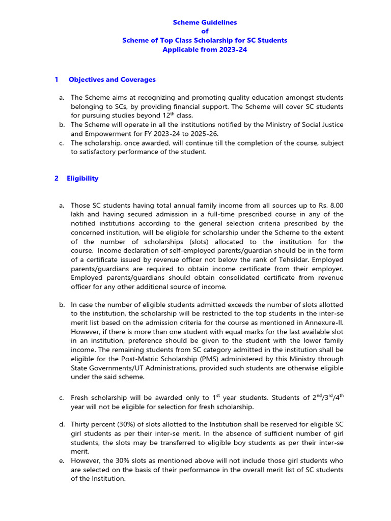 Top Class Scholarship Scheme for SC Students | PDF | Government Of India