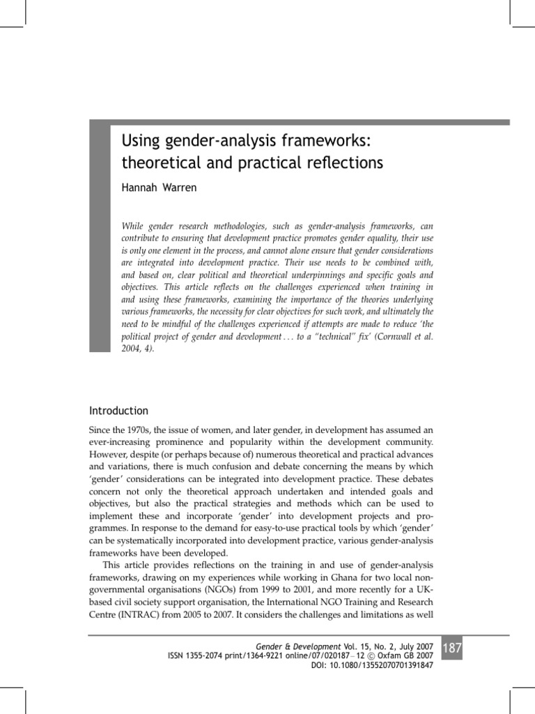 Using Gender Analysis Frameworks Theoretical and Practical Reflections ... Using Gender Analysis Frameworks Theoretical and Practical Reflections ...