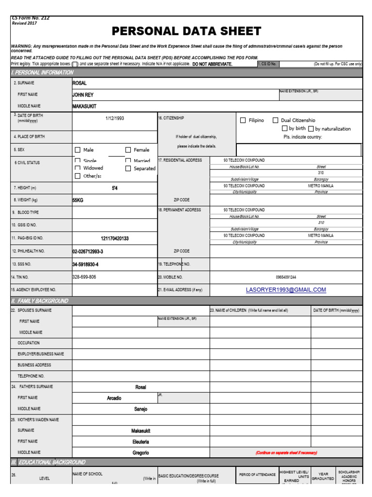 Excel File CSC Personal Data Sheet PDS 2017 | PDF | Affidavit | Government