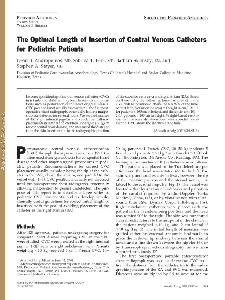 The Optimal Length of Insertion of Central Venous Catheters For Pediatric Patients | PDF