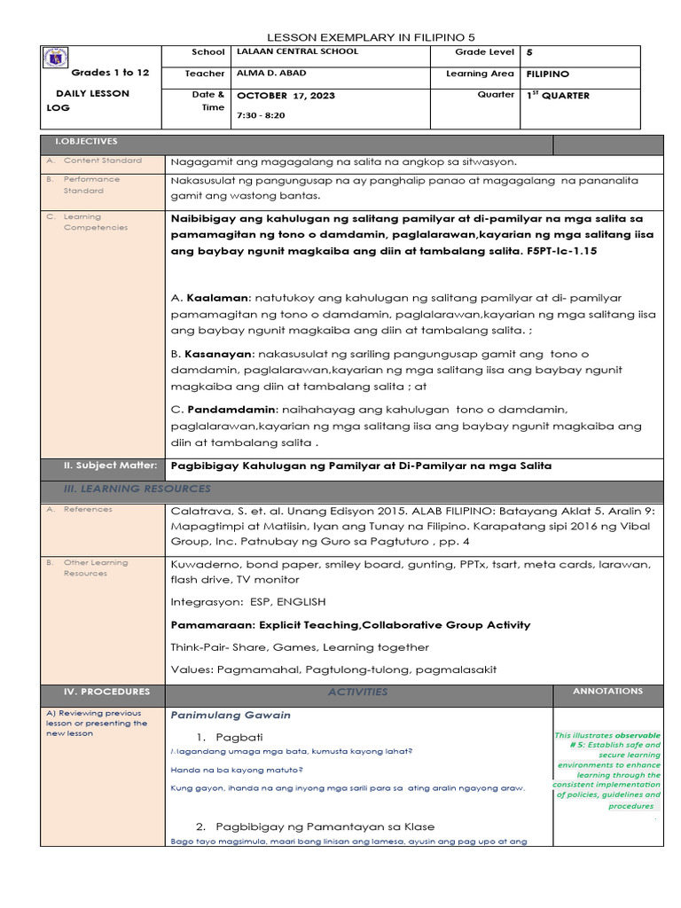Q1 COT FIL 5 Week 9 Pamilyar at Di Pamilyar Na Salita | PDF