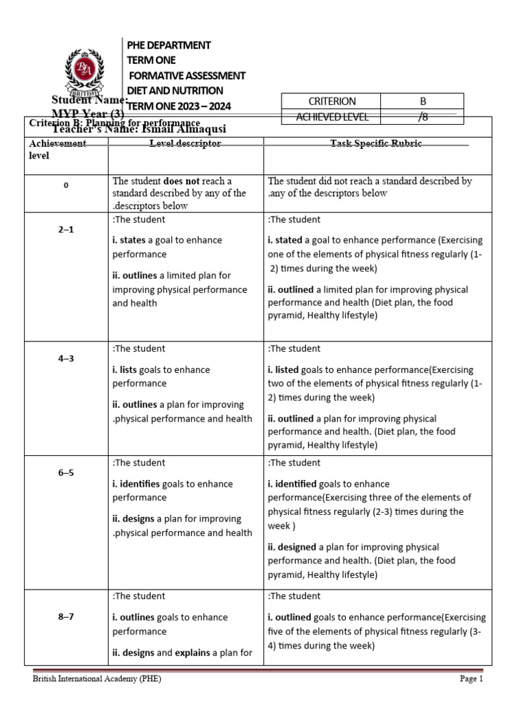 BIA PHE Year3 Unit1 Dit and Nutrition Formative Assessment | PDF ...