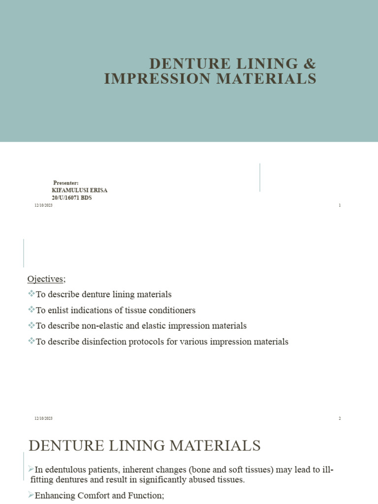 Denture Lining and Impression Materials Guide | PDF | Dentures ...