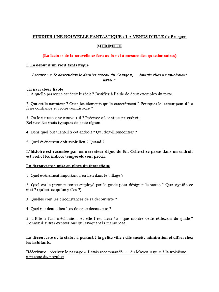 Étude de "La Vénus d'Ille" en 4ème | PDF