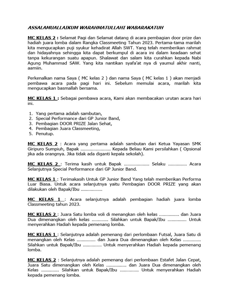 Teks MC Pembagian Hadiah Classmeeting | PDF | Olahraga & Rekreasi