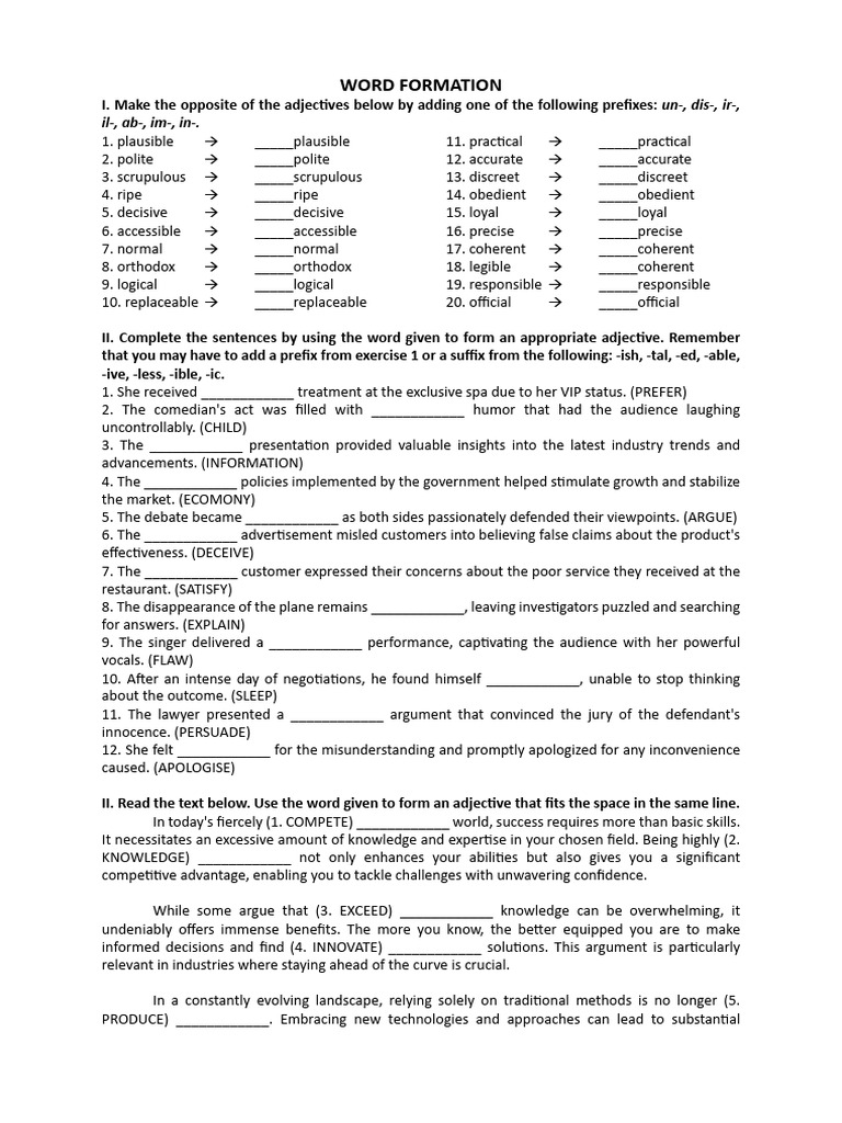 Word Formation Exercises & Adjectives | PDF