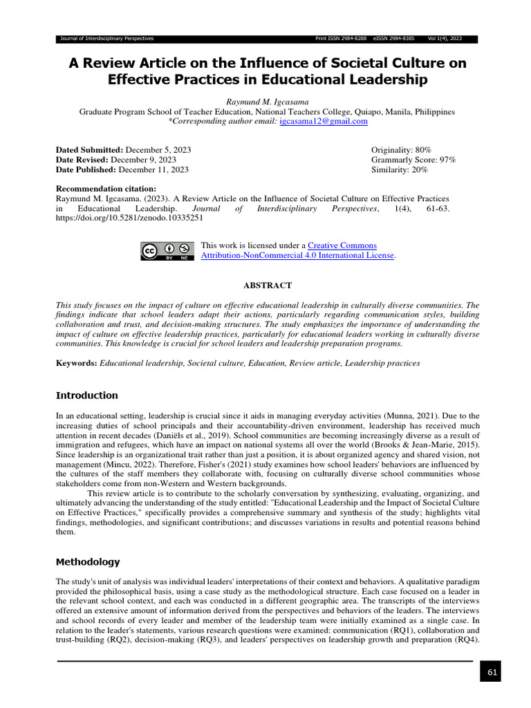 A Review Article On The Influence Of Societal Culture On Effective
