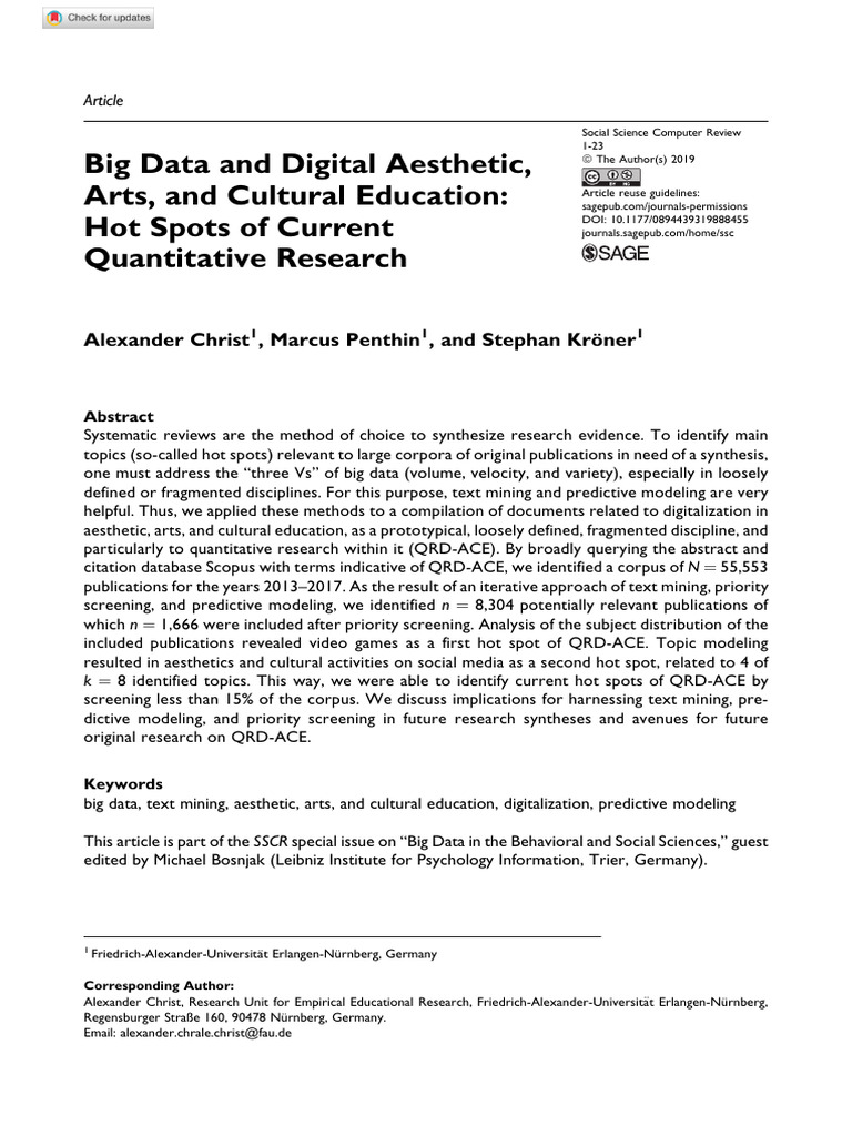 Big Data and Digital Aesthetic, Arts, and Cultural Education: Hot Spots of Current Quantitative ...