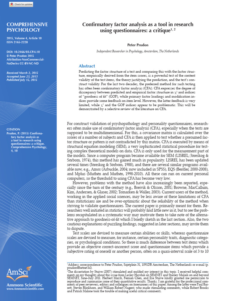Prudon 2015 Confirmatory Factor Analysis As A Tool in Research Using Questionnaires A Critique ...