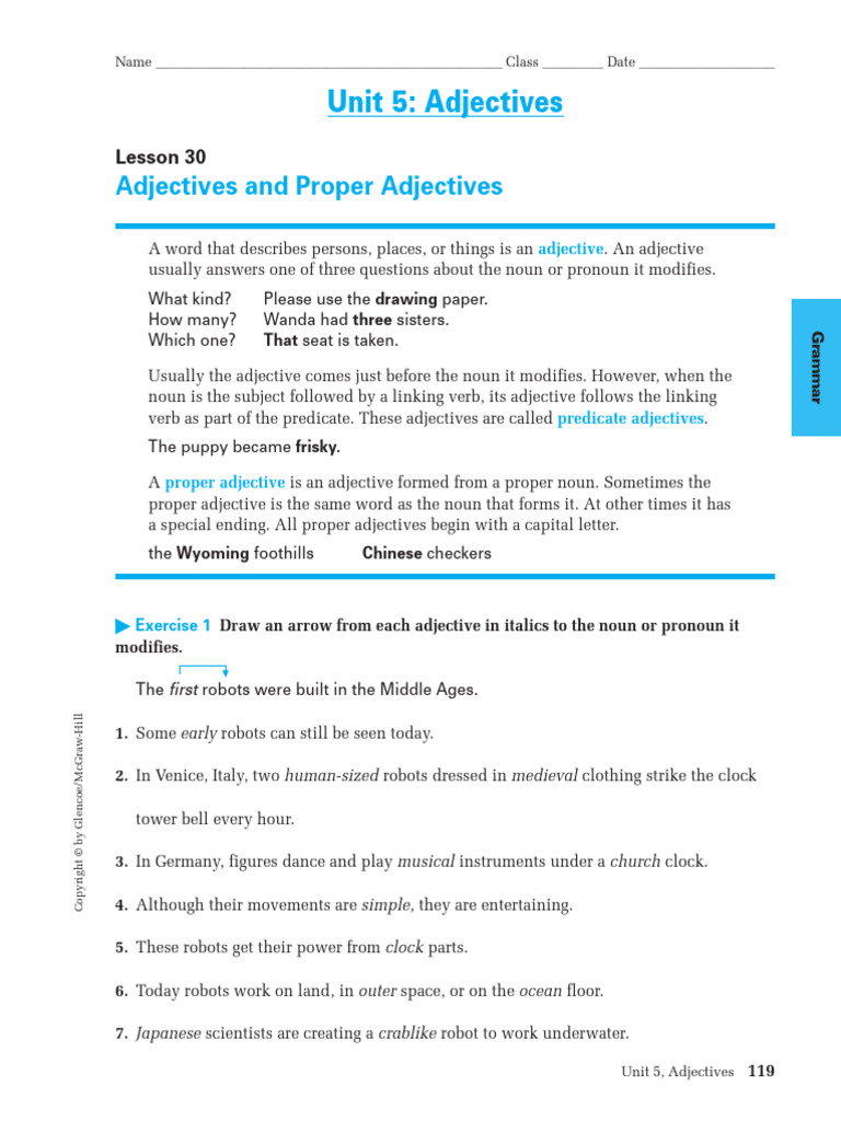 Grade 7 English Grammar - Unit 5-Adjectives | PDF