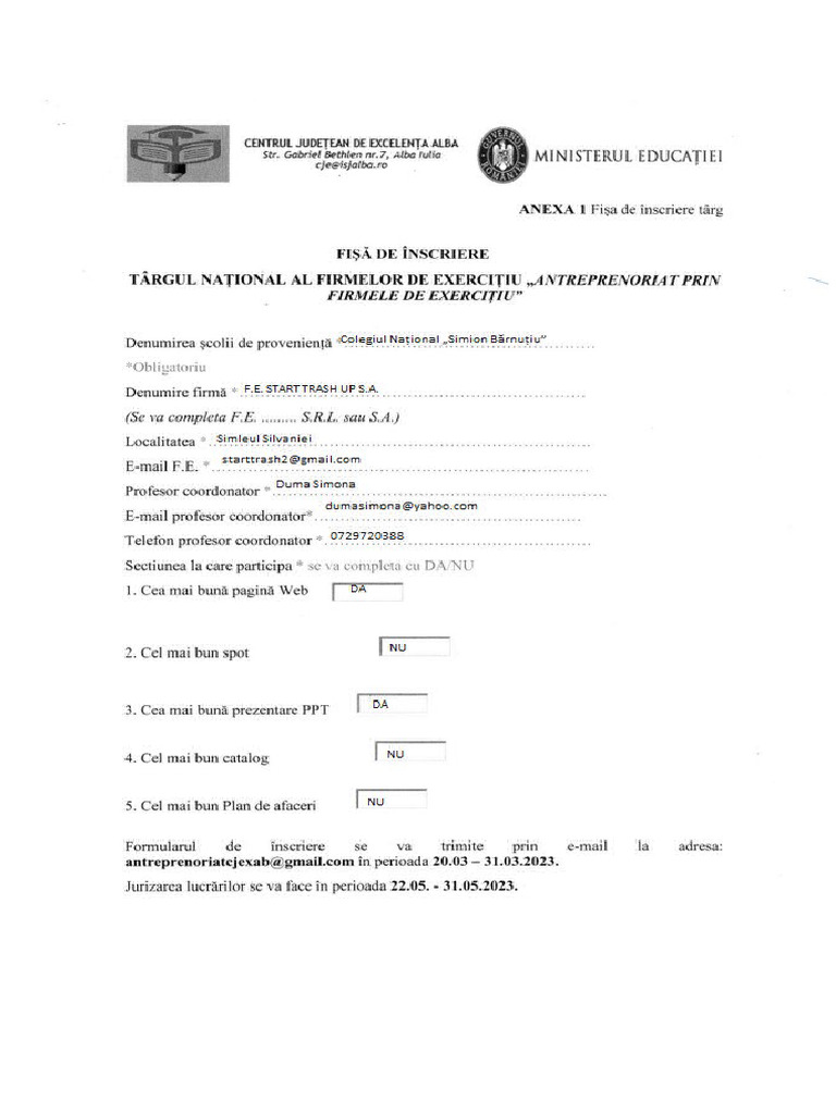 Fisa de Inscriere | PDF