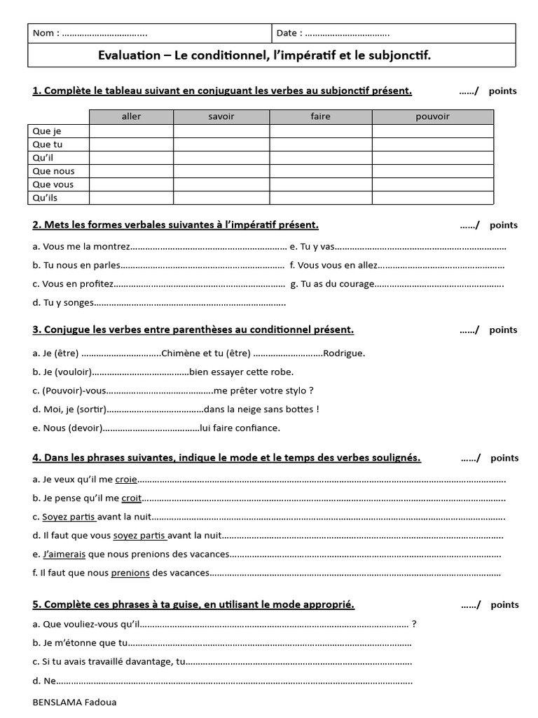 Conditionnel Subjonctif Impératif 4ème Evaluation | PDF