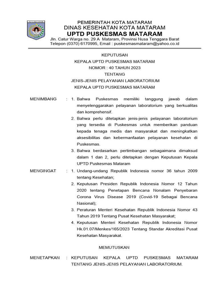 SK Tentang Jenis-Jenis Pelayanan Laboratorium | PDF