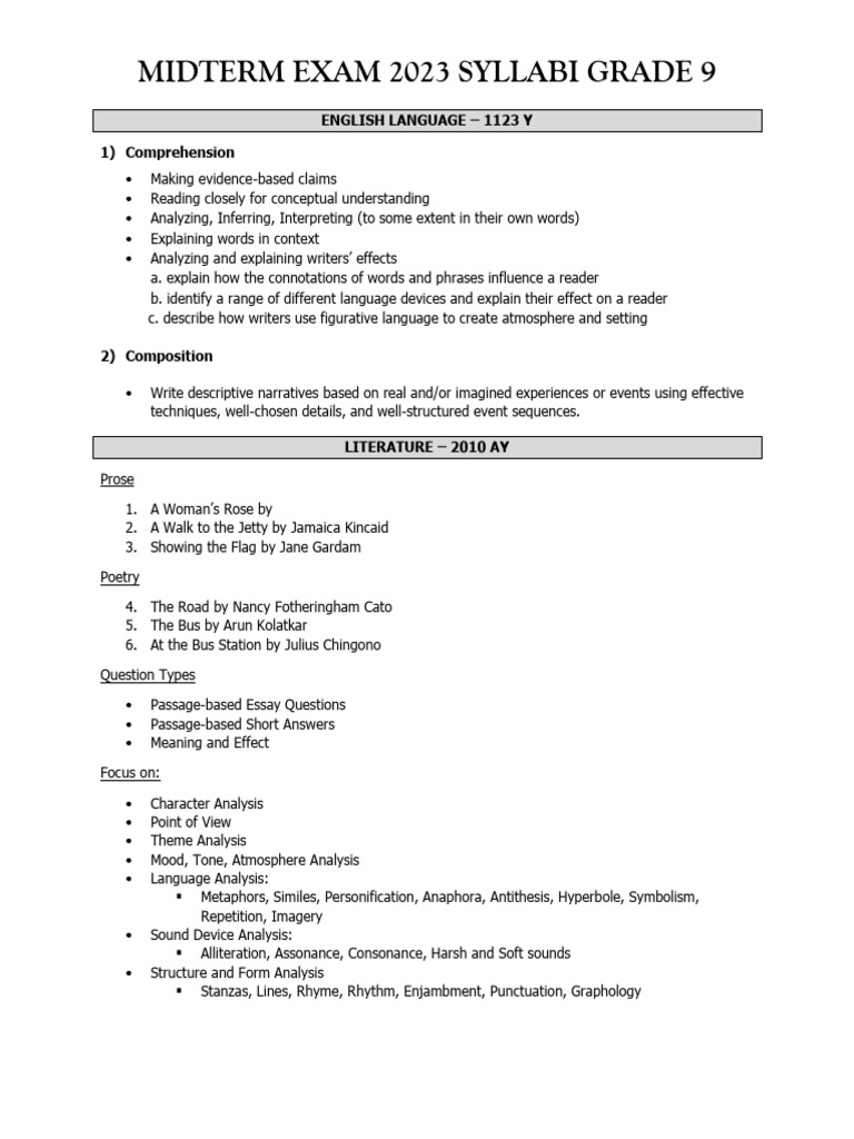 Midterm Exam 2023 Syllabi Grade 9: English Language - 1123 Y 1 ...
