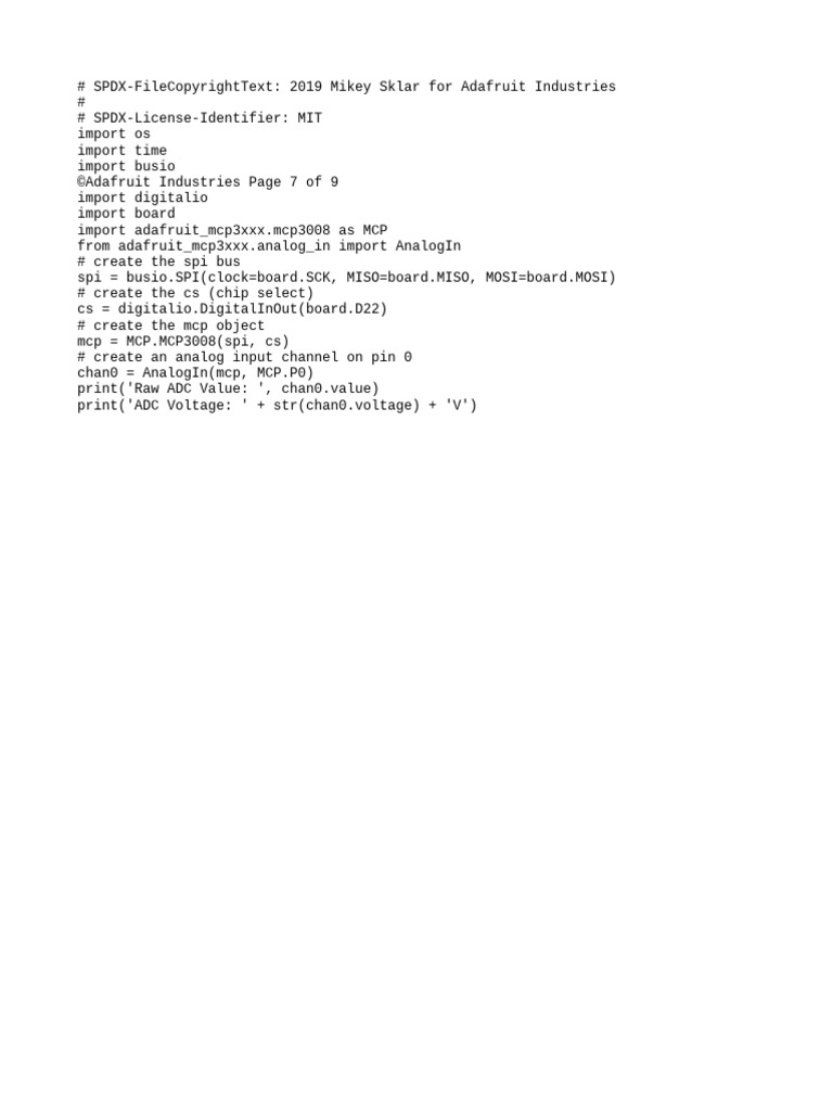 MPC3008 Analog To Digital Code | PDF
