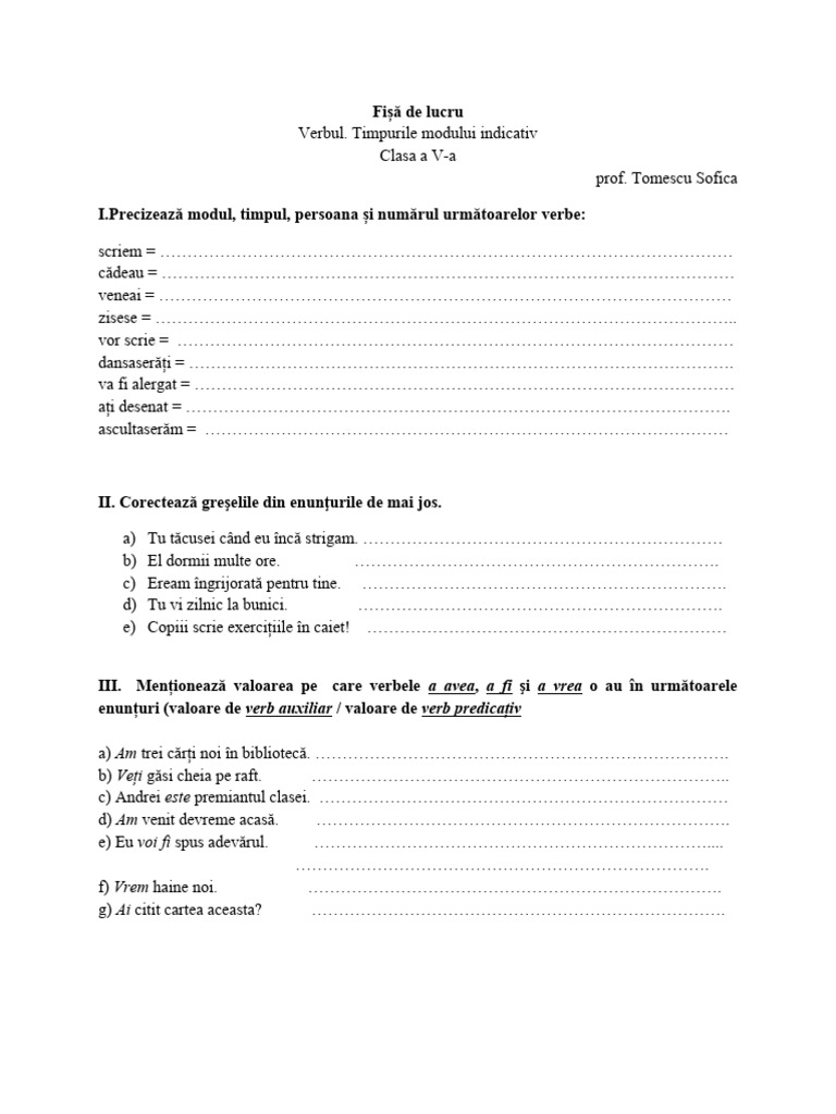 Fisa de Lucru Timpurile Modului Indicativ Clasa A V A | PDF