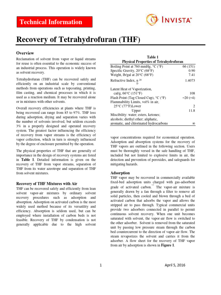 INVISTA Recovery of Tetrahydrofuran THF | PDF | Distillation | Tetrahydrofuran