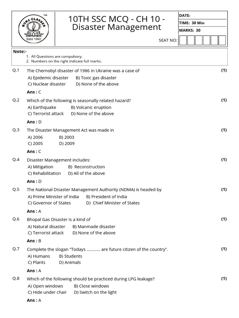10th SSC MCQ on Disaster Management | PDF | Emergency Management ...