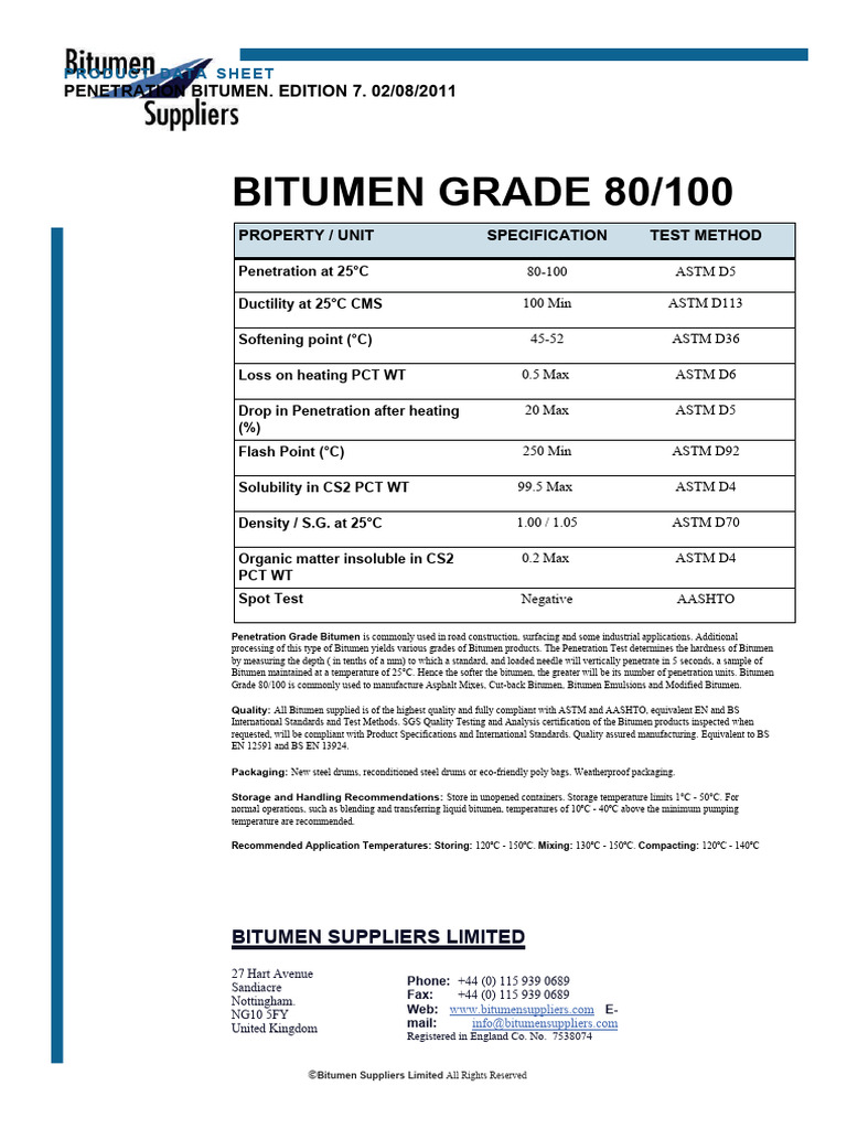 Penetration Bitumen 80 100 Specifications | PDF | Physical Sciences ...