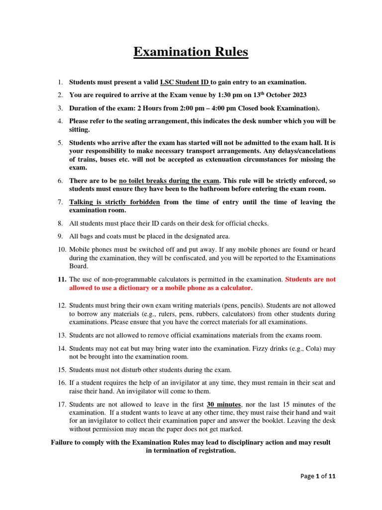Examination Rules and Room and Desk Allocation - London CCCU NDA | PDF ...