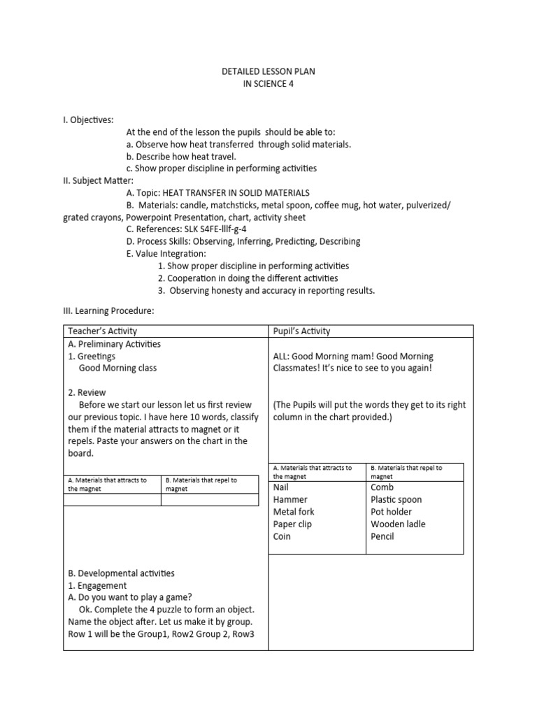 Detailed Lesson Plan | PDF | Thermal Conduction | Heat