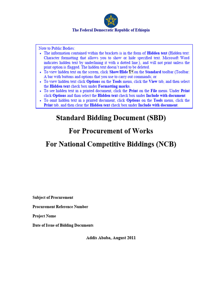 Ethiopia Standard Bidding Document NCB | PDF | Prices | Procurement