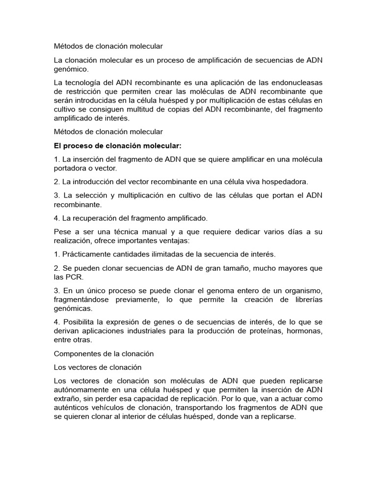 Métodos de Clonación Molecular | PDF | Plásmido | Adn