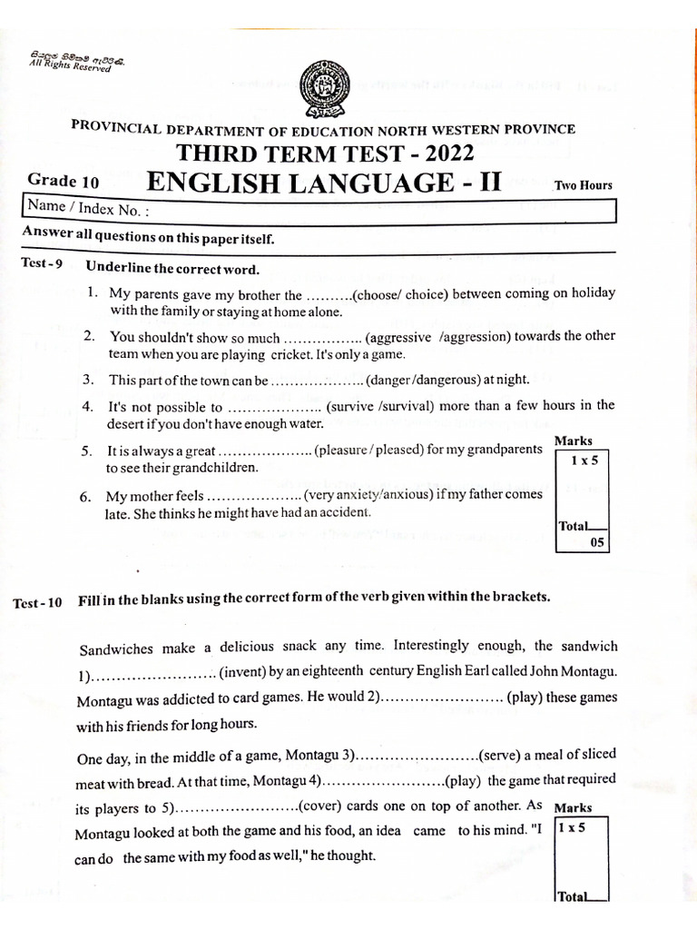 English - Grade 10 - Third Term Test 2022 - NWP | PDF