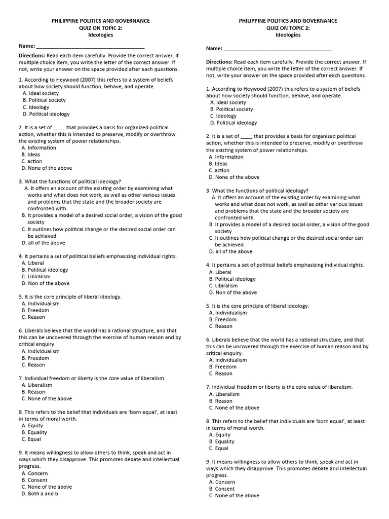 Quiz On Topic 2 Political Ideologies | PDF | Conservatism | Liberalism