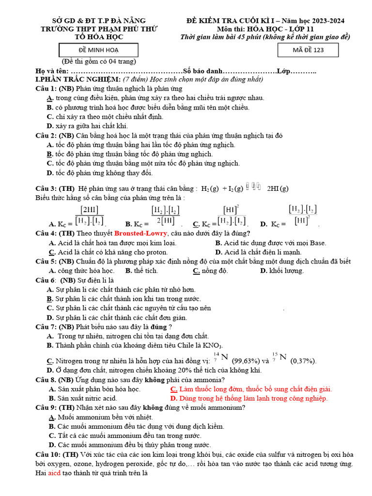 59. Hóa 11 - Ck1 - Hồ Viết Lộc - Đà Nẵng Htk Phương Đã Chỉnh Sửa Phản Biện | PDF