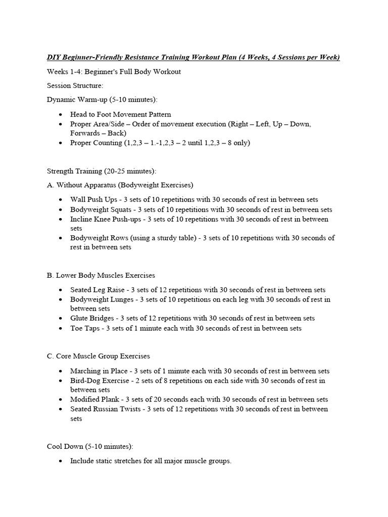 DIY Beginner Friendly Resistance Training Workout Plan 4 We | PDF ...