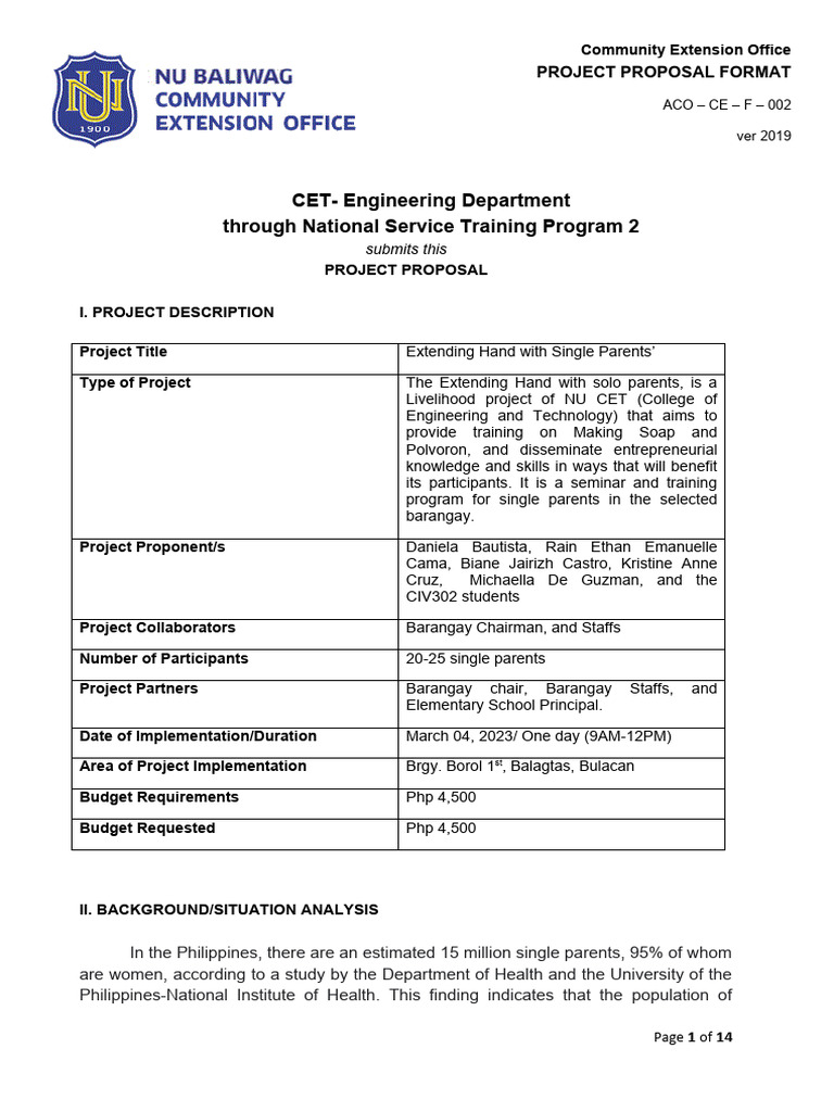 Extending Hand With Single Parents Project Proposal | PDF | Carbohydrates