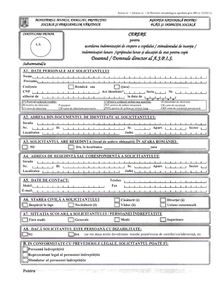 Cerere Indemnizatie Stimulent Insertie Crestere Copil | PDF
