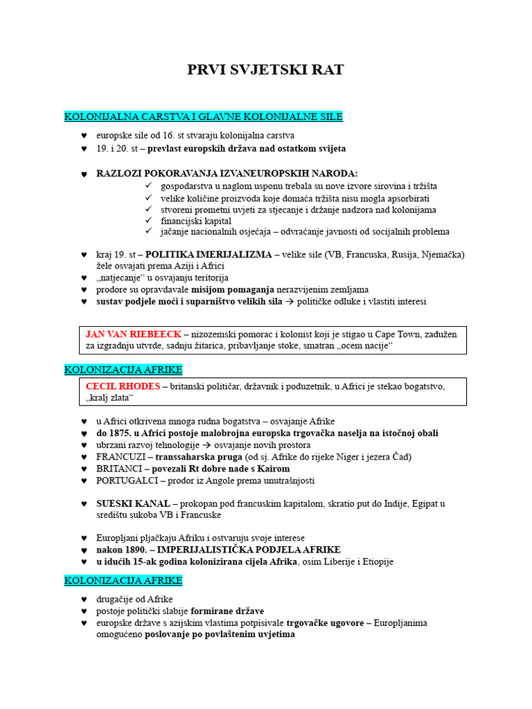 PRVI SVJETSKI RAT - Bilješke | PDF