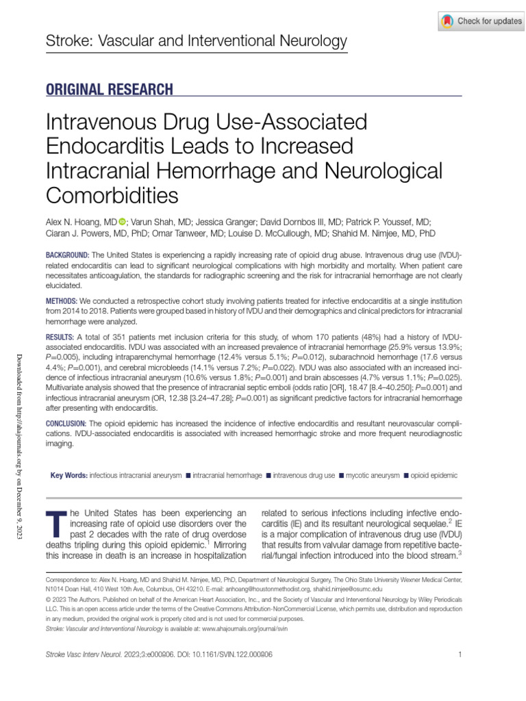Hoang Et Al 2023 Intravenous Drug Use Associated Endocarditis Leads To Increased Intracranial ...