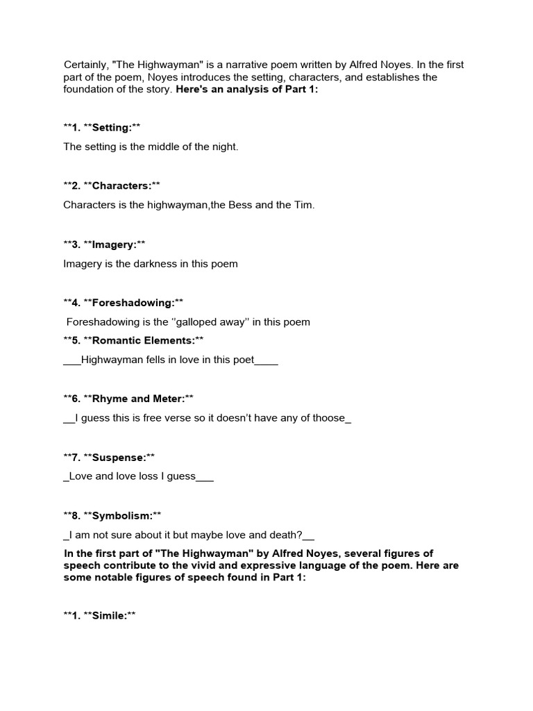 Havva Gökçe Bilen - The Highwayman Poem Depth Analysis | PDF