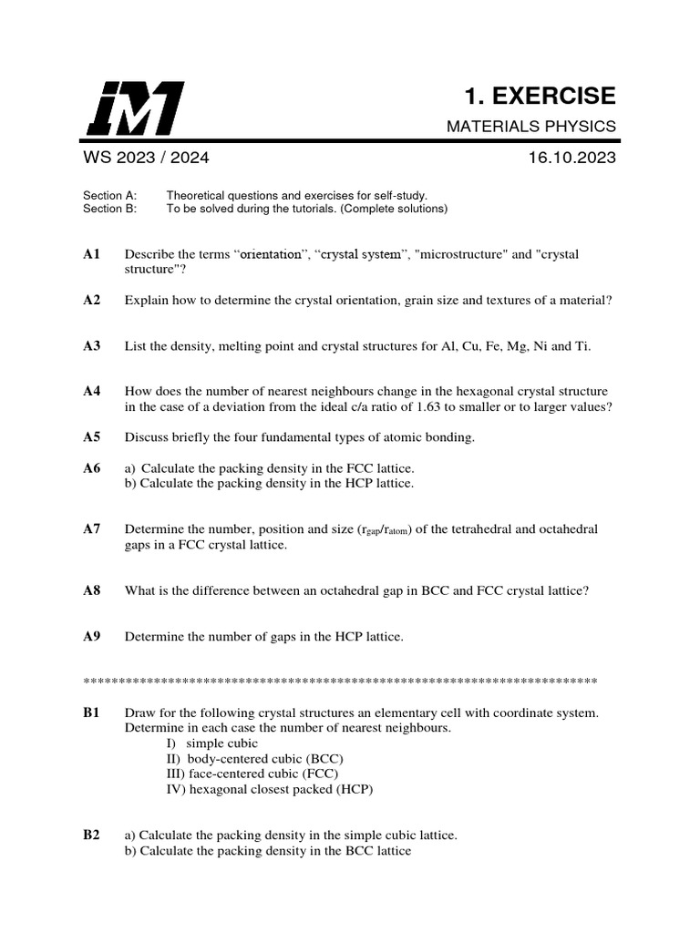 Exercise1 23-24 | Download Free PDF | Crystal Structure | Applied And Interdisciplinary Physics