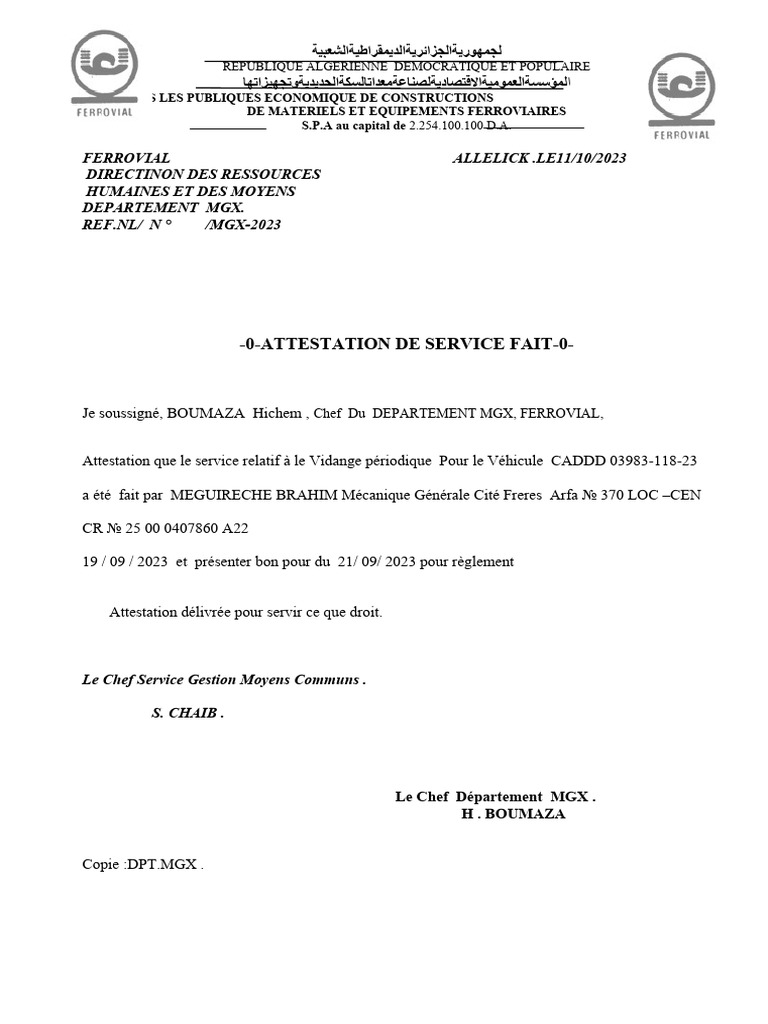 Attestation de Service Fait - FERROVIAL | PDF | France | Départements ...