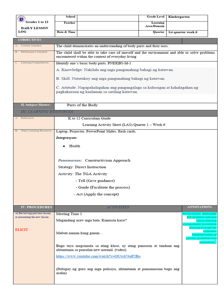 COT Kindergarten 1st Quarter Wek 6 Tagalog | PDF