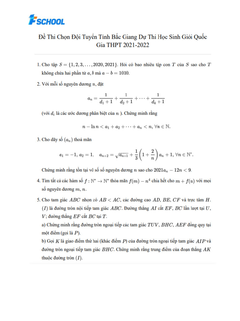 De Thi Chon Doi Tuyen Tinh Bac Giang Du Thi HSG Quoc Gia THPT Nam 2021 2022 2c68314268 | PDF