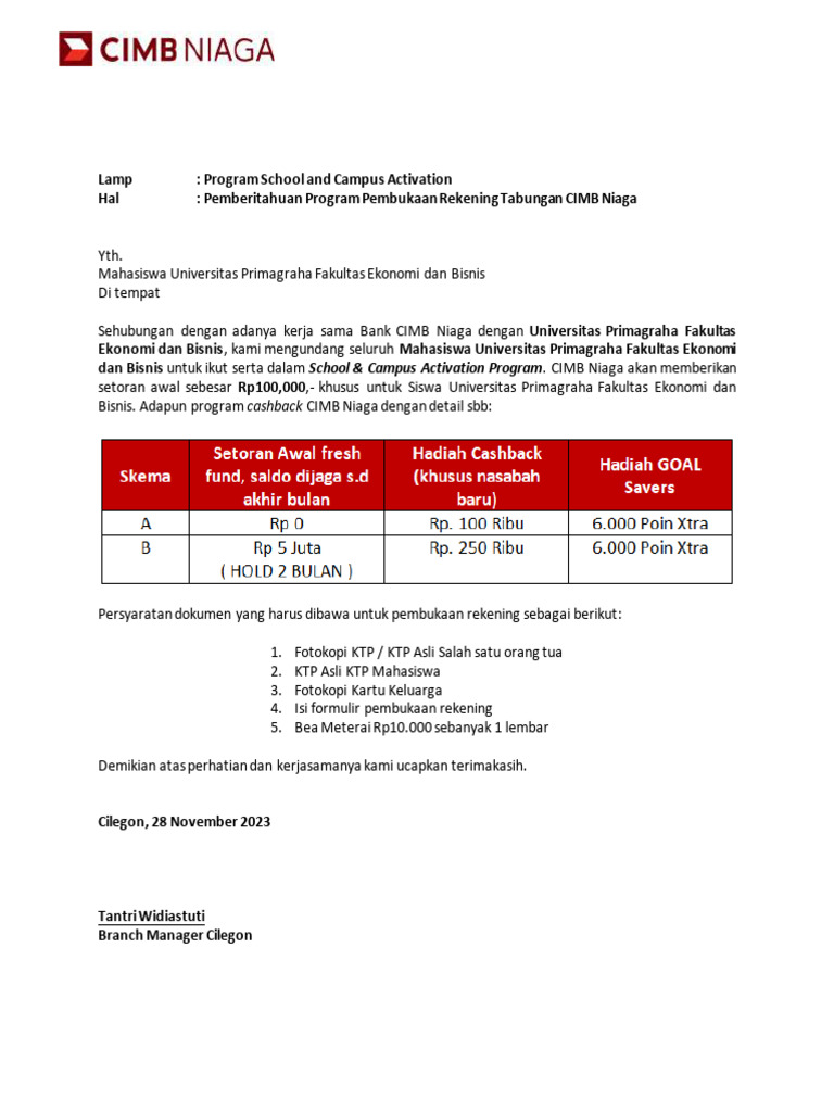 Surat Edaran School Activation Program Universitas Primagraha Fak. Ekonomi Dan Bisnis | PDF